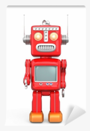 Cute Red Vintage Robot Isolated On White Background - Painting ...