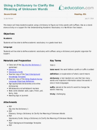 Using A Dictionary To Clarify The Meaning Of Unknown - Lesson Plan On ...